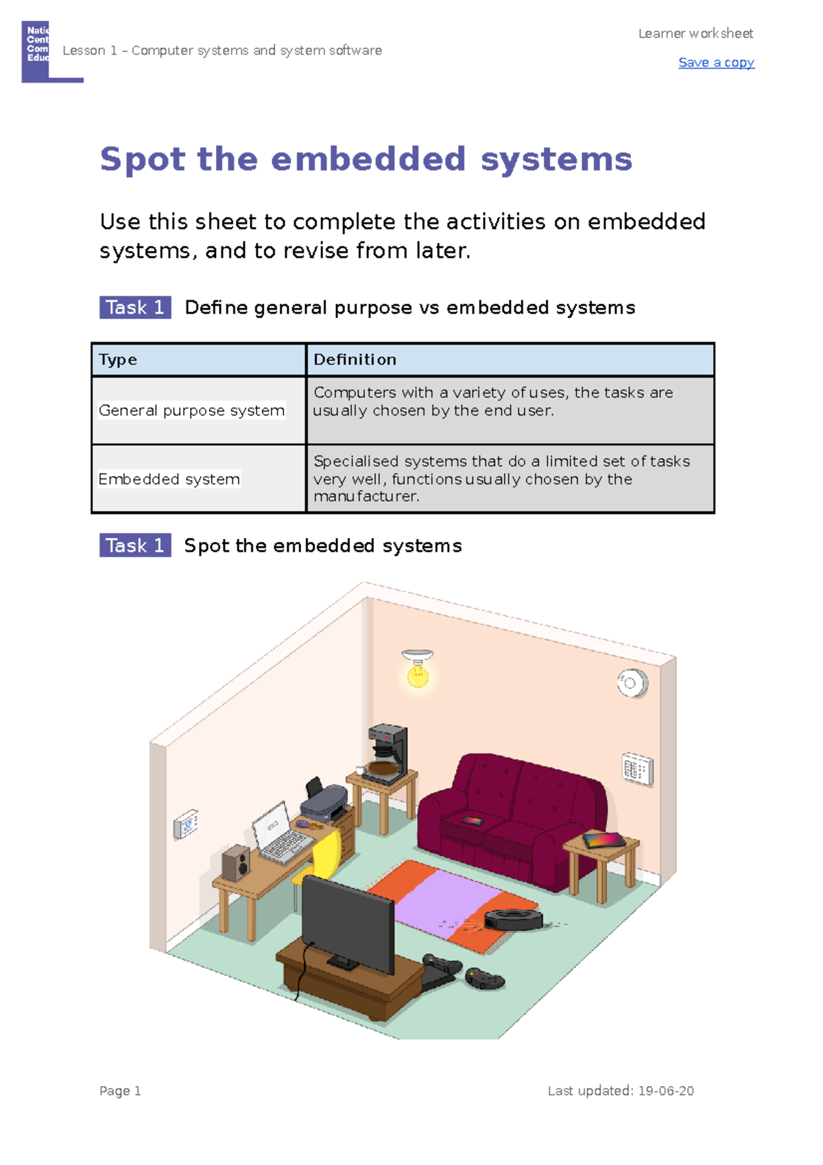 A1 Worksheet – Spot the Embedded Systems - Lesson 1 – Computer systems ...