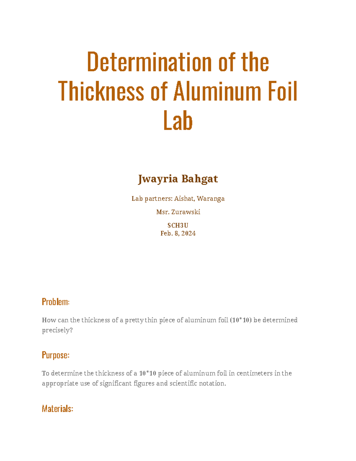 Aluminum lab foil (SCH3U) - Google Docs - Determination of the ...