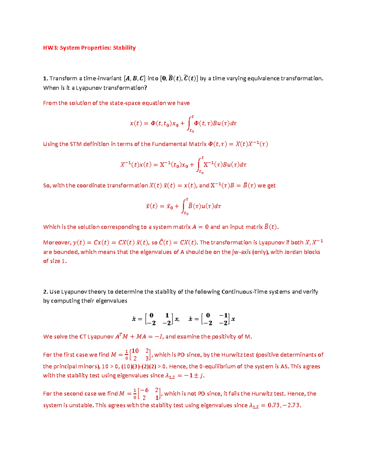 EEE582 HW3 SOL - Yes - HW3: System Properties: Stability Transform a time-invariant [𝑨, 𝑩, 𝑪 ...