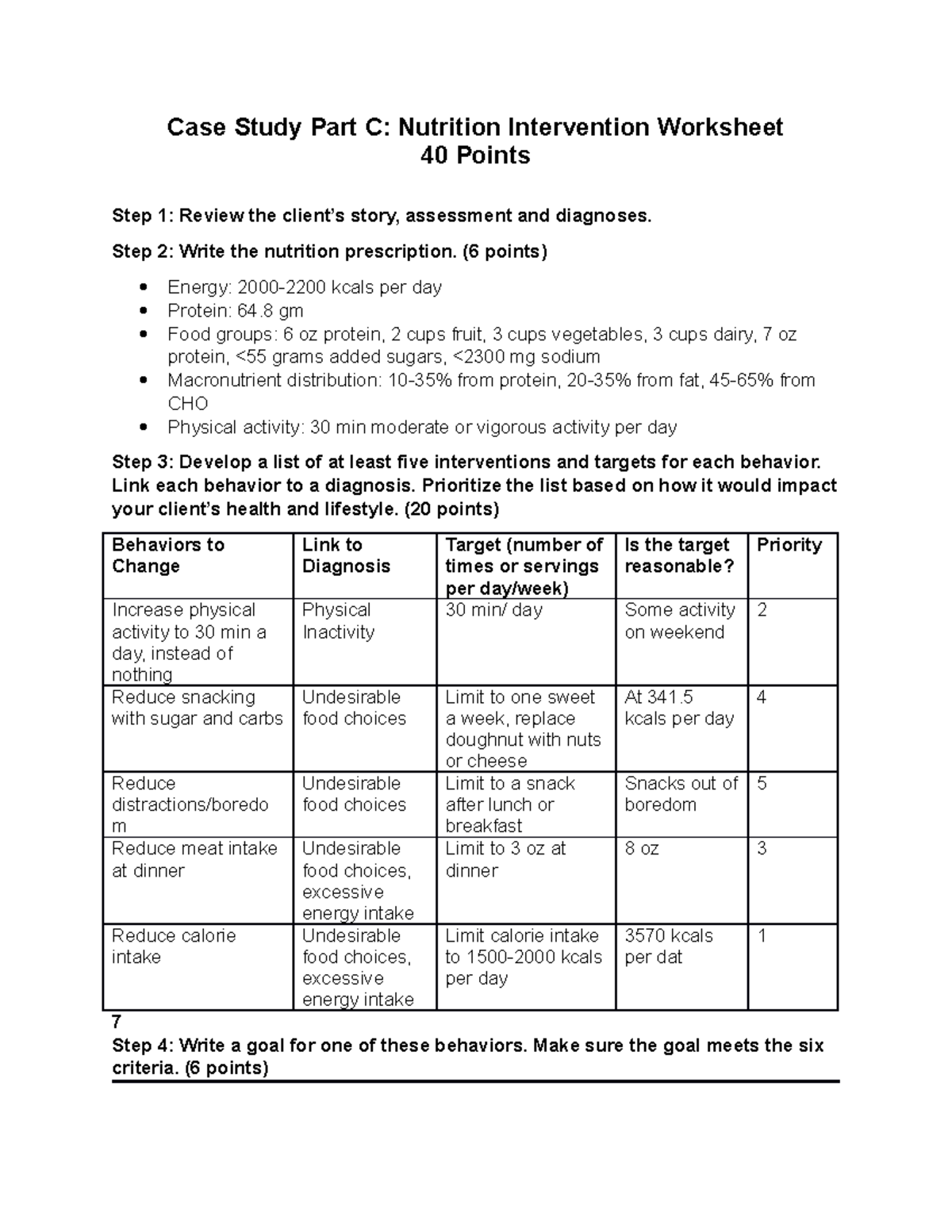Case study CSC - Case Study Part C: Nutrition Intervention Worksheet 40 ...