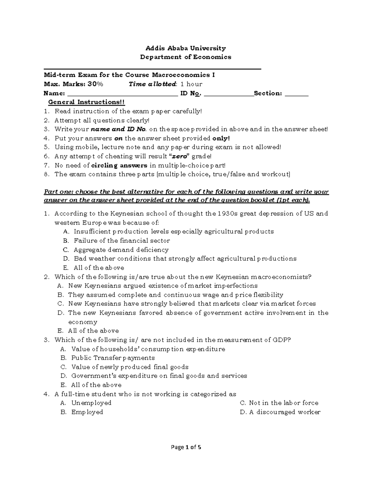 Mid exam - Mid exam - Addis Ababa University Department of Economics ...