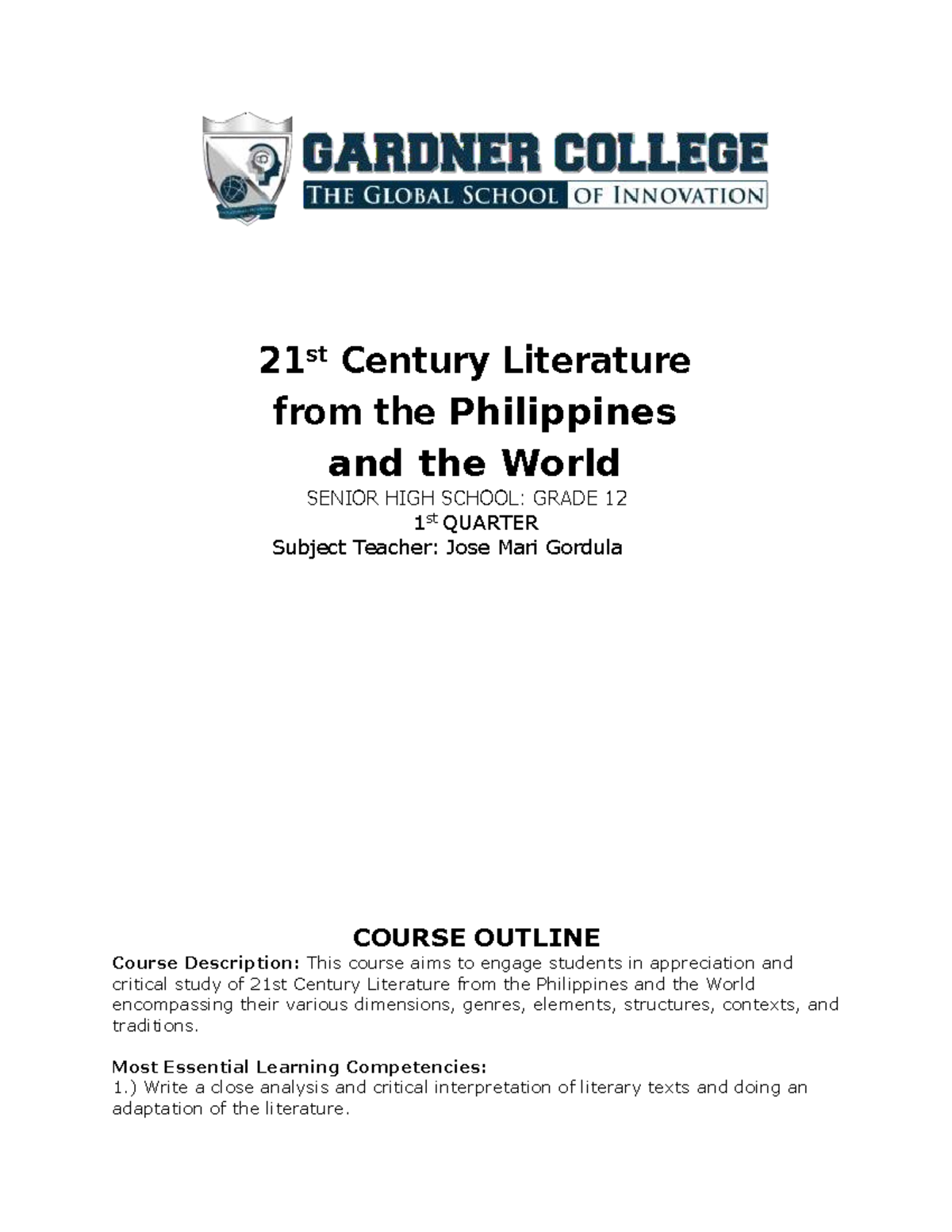 21st CL - Module - Week 2 - 21st CL - 21 st Century Literature from the ...