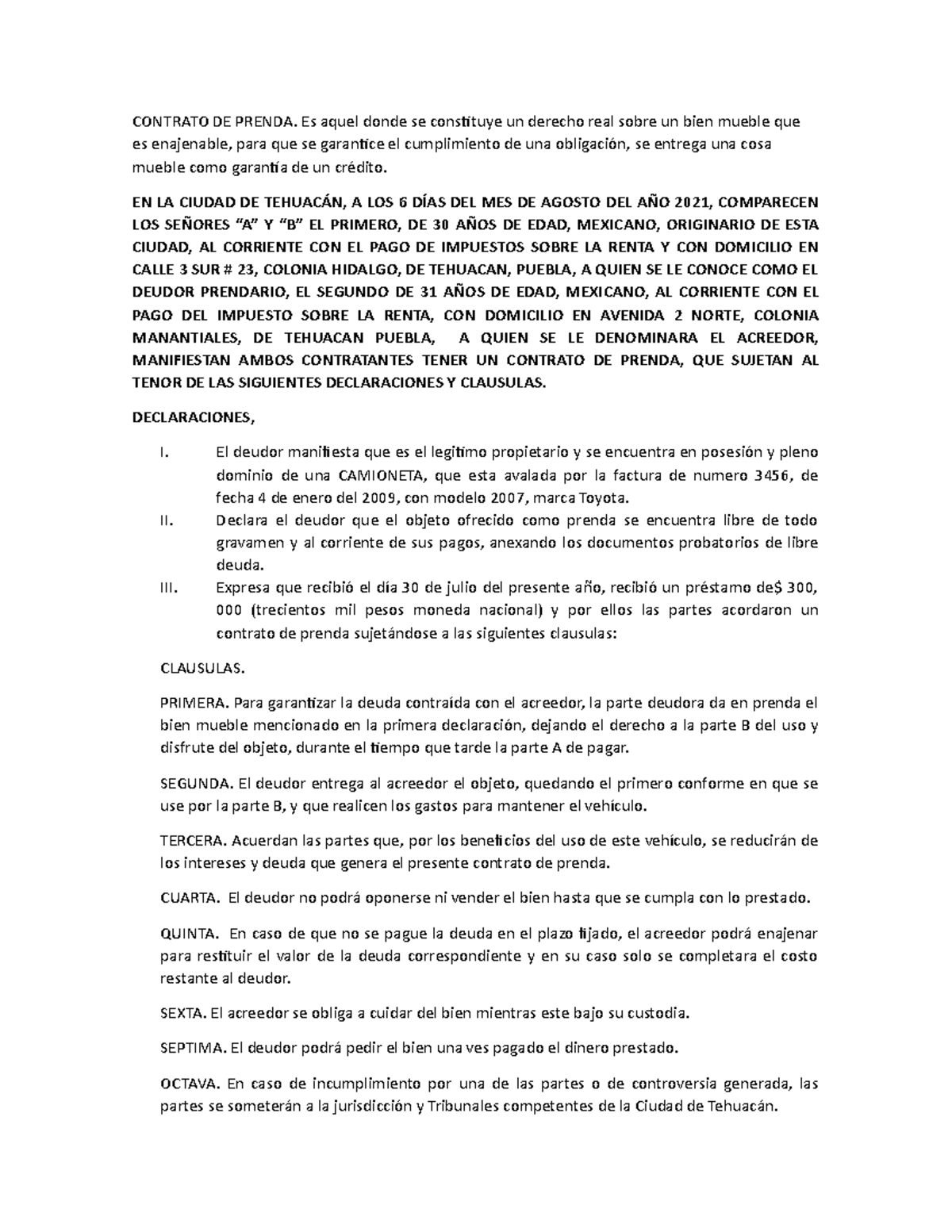 Contrato DE Prenda - rhththtrrrtg - CONTRATO DE PRENDA. Es aquel donde ...