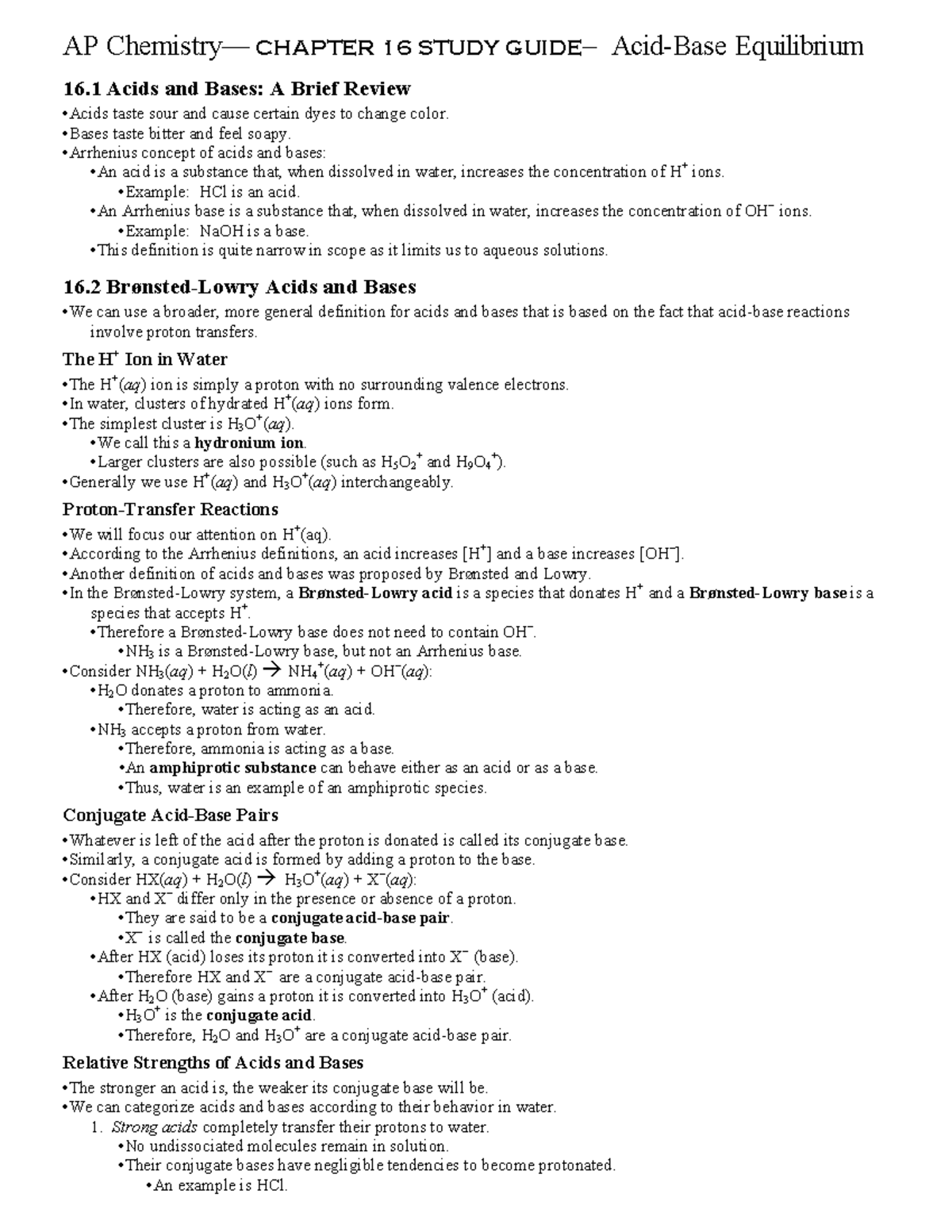 Acid-baseequilnotes practice - AP Chemistry— CHAPTER 16 STUDY GUIDE ...