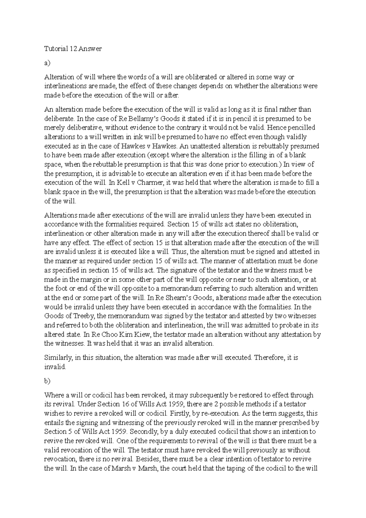 Tutorial 12 - Tutorial 12 Answer a) Alteration of will where the words ...