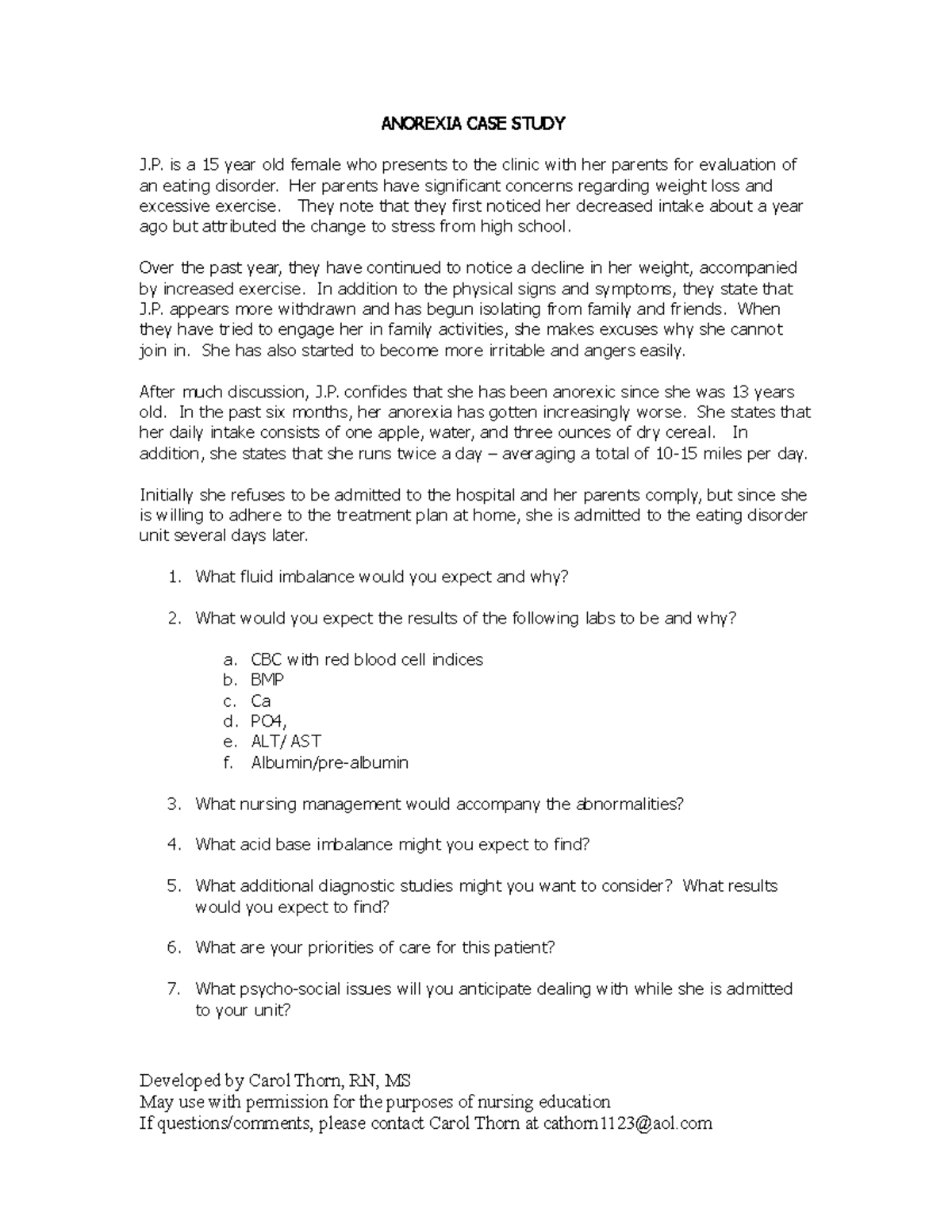 Anorexia case study rev - ANOREXIA CASE STUDY J. is a 15 year old ...