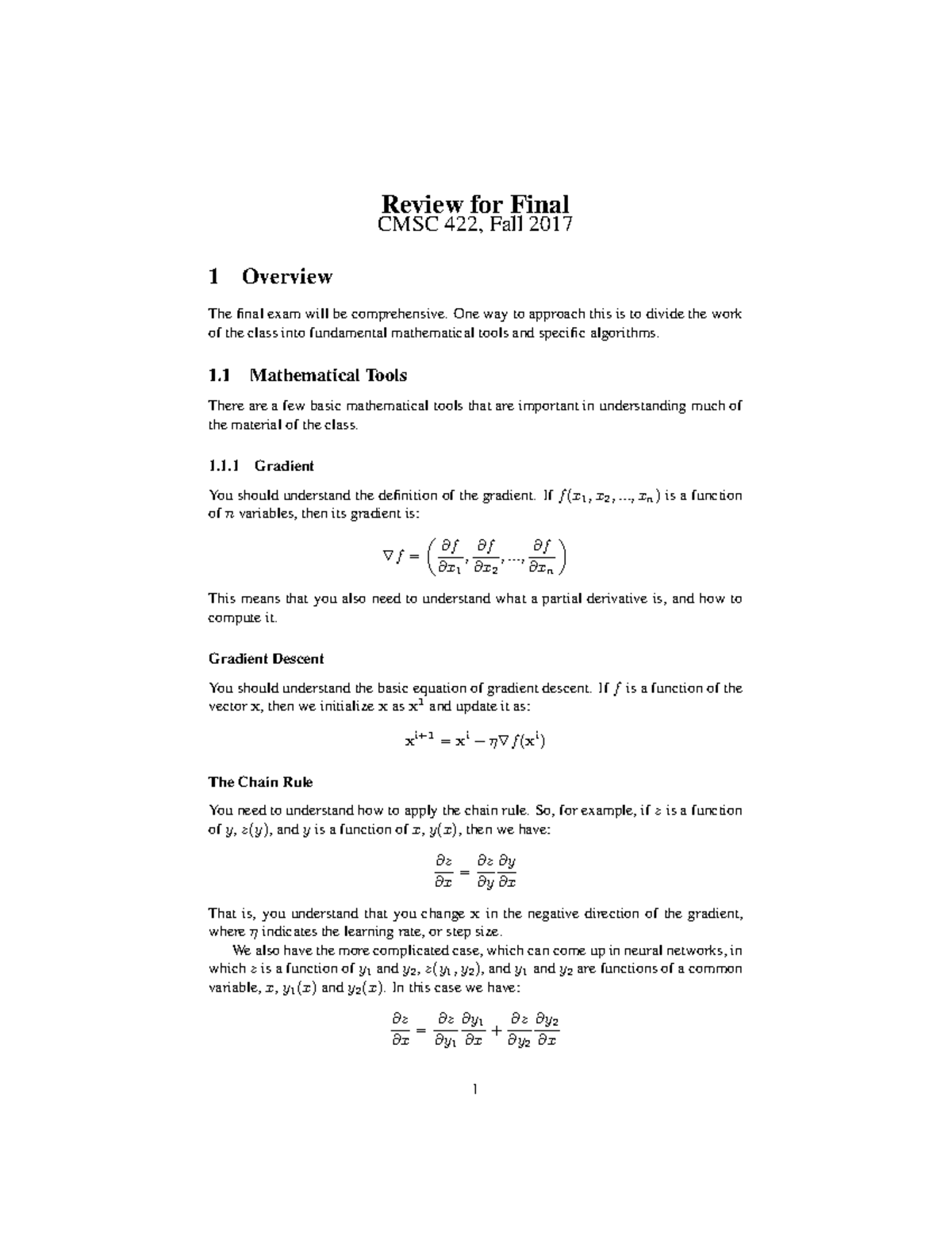 CMSC422 fall2017 Final Review - Review for Final CMSC 422, Fall 2017 1 Overview The final exam ...