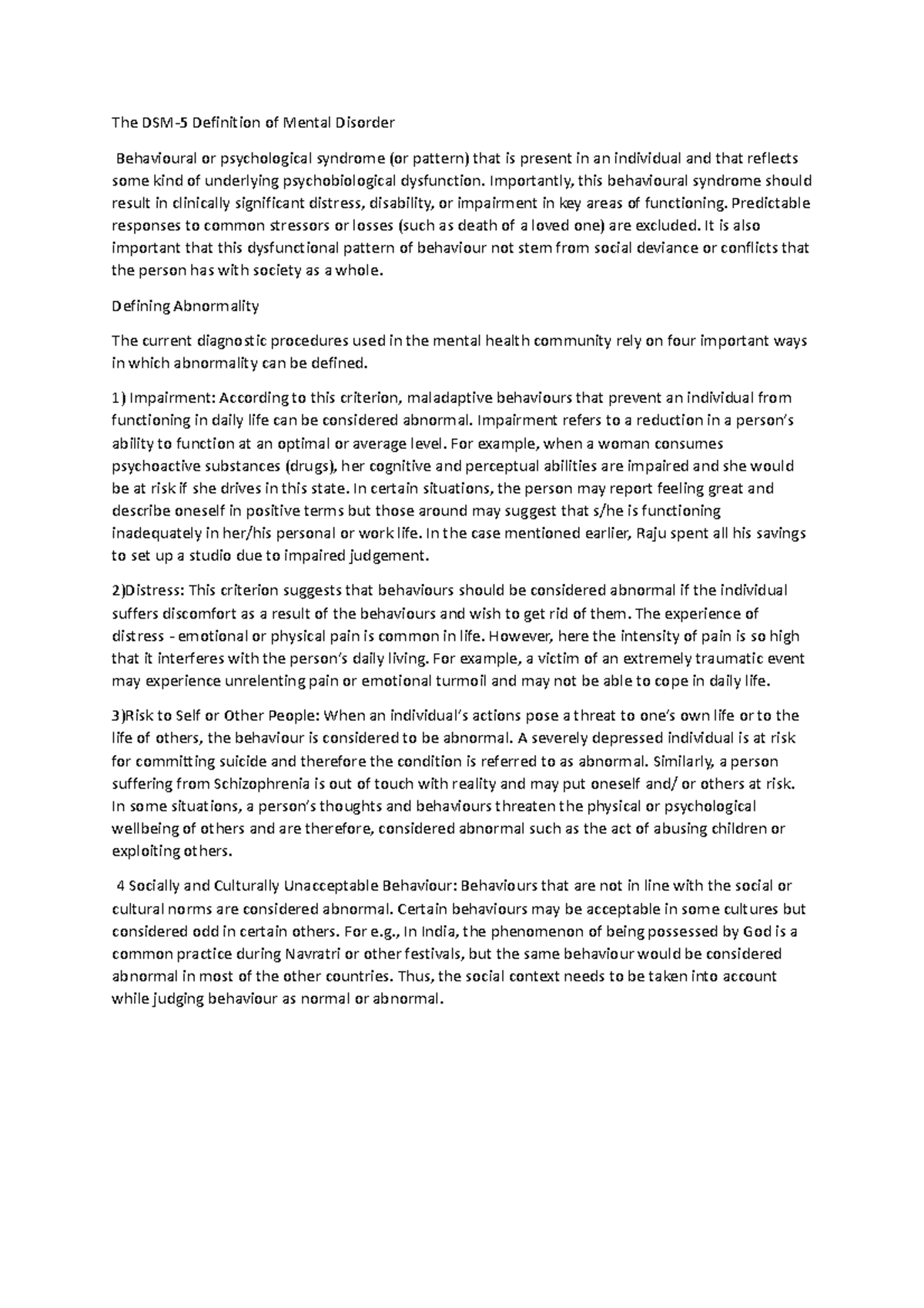 Abnormality The DSM 5 Definition Of Mental Disorder Behavioural Or