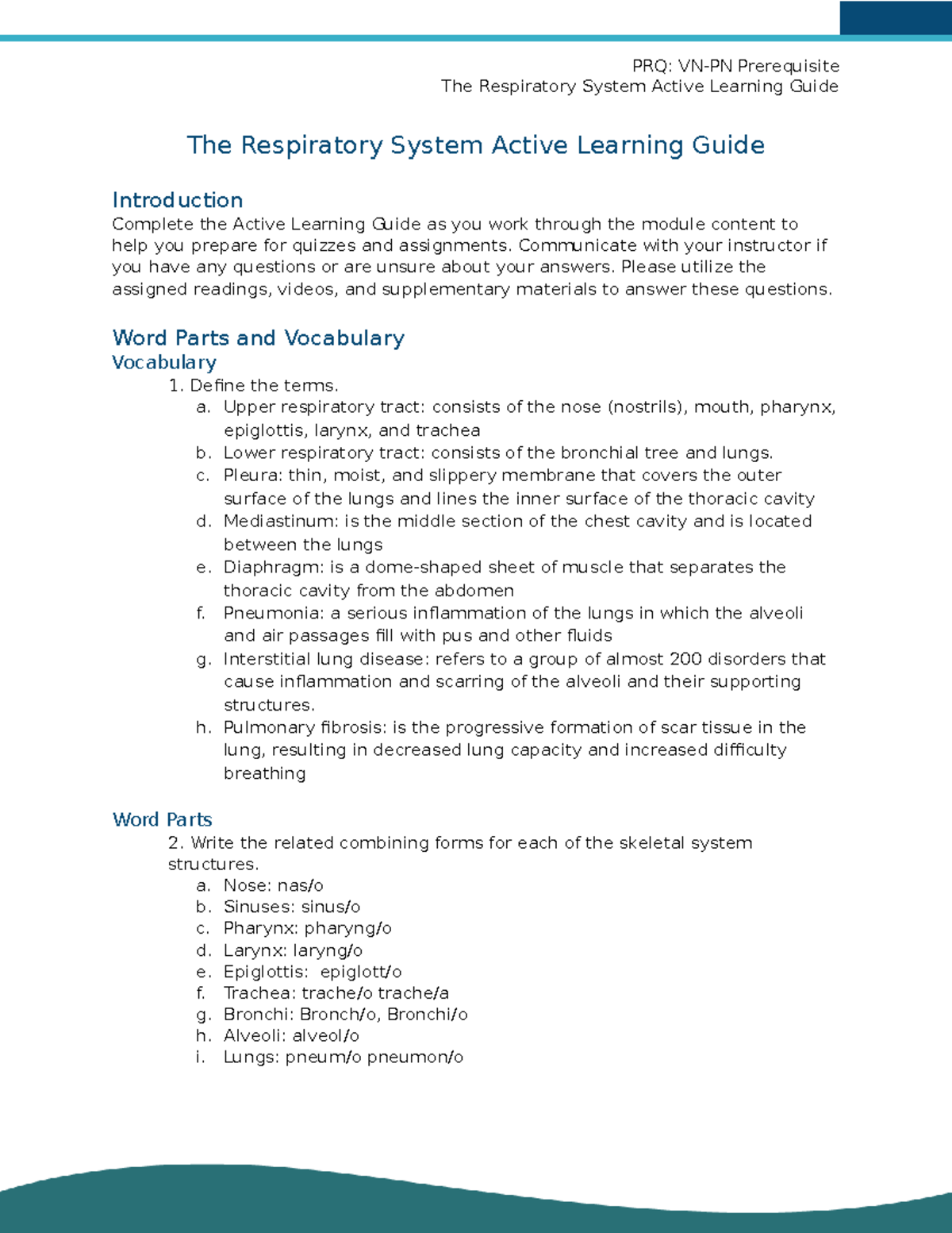 Respiratory System Active Learning Guide - Communicate with your ...