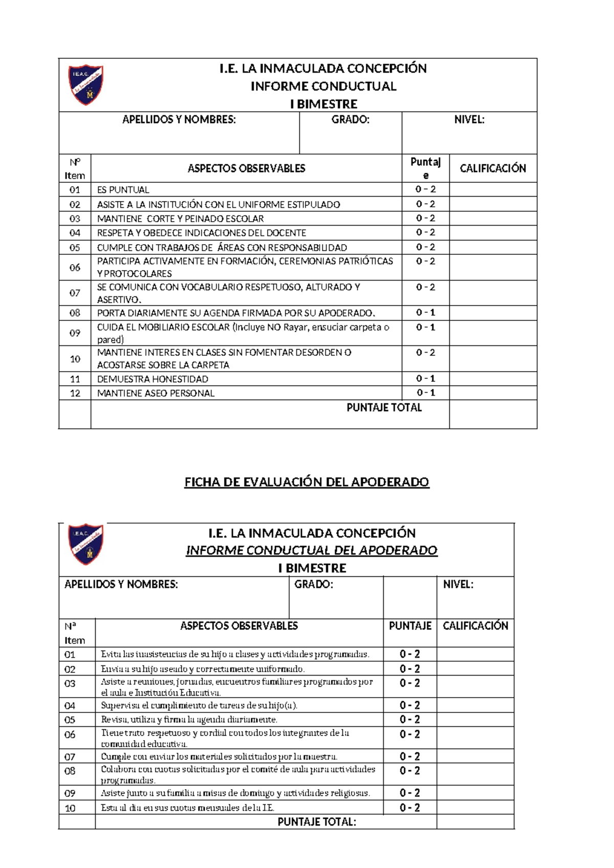 Boleta Conducta - I. LA INMACULADA CONCEPCIÓN INFORME CONDUCTUAL I ...