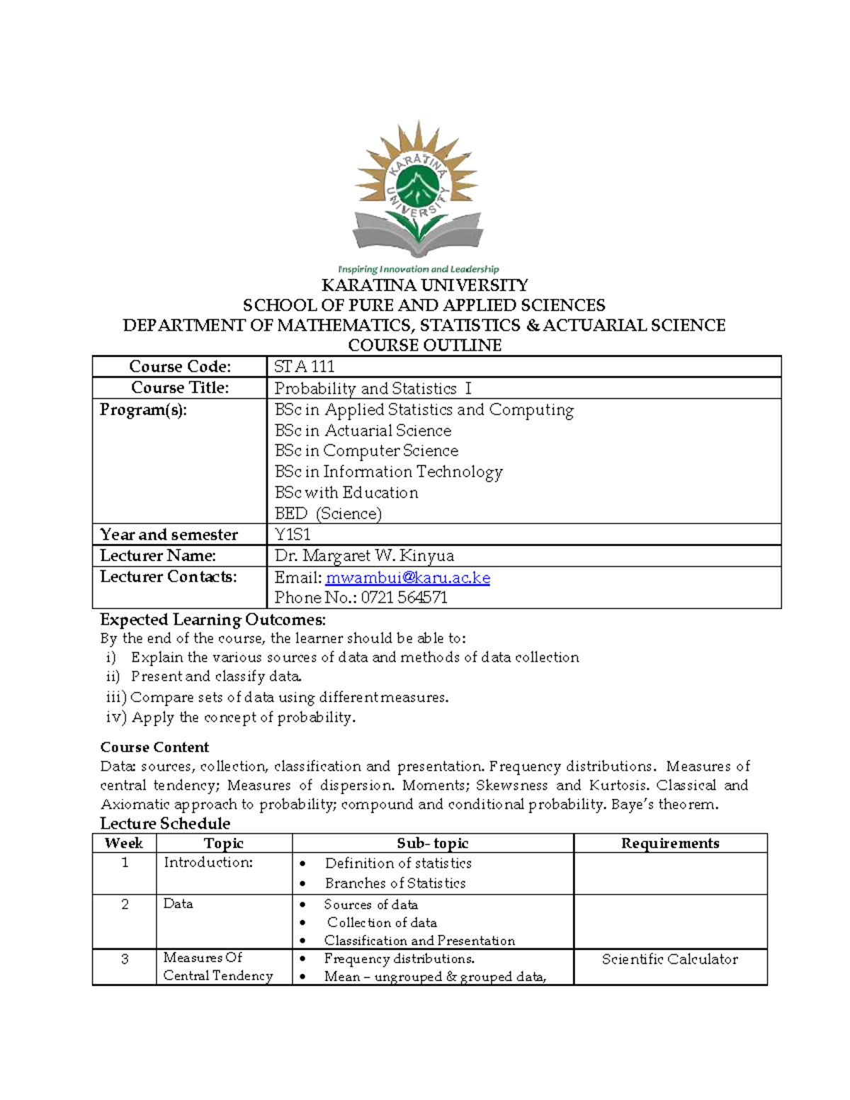 STA 111 course outline - Ff cc d good - KARATINA UNIVERSITY SCHOOL OF PURE AND APPLIED SCIENCES ...