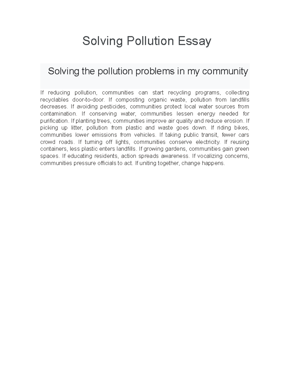 Solving Pollution Essay - Solving Pollution Essay Solving the pollution ...