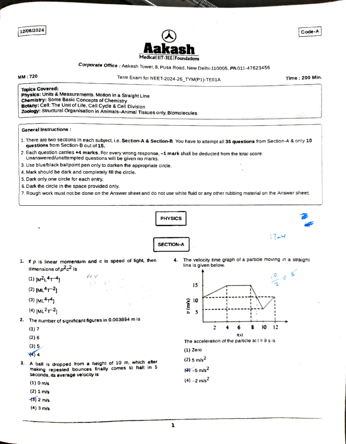 Aakash TE 1 questions paper for practice 720 marks 180 each subject ...