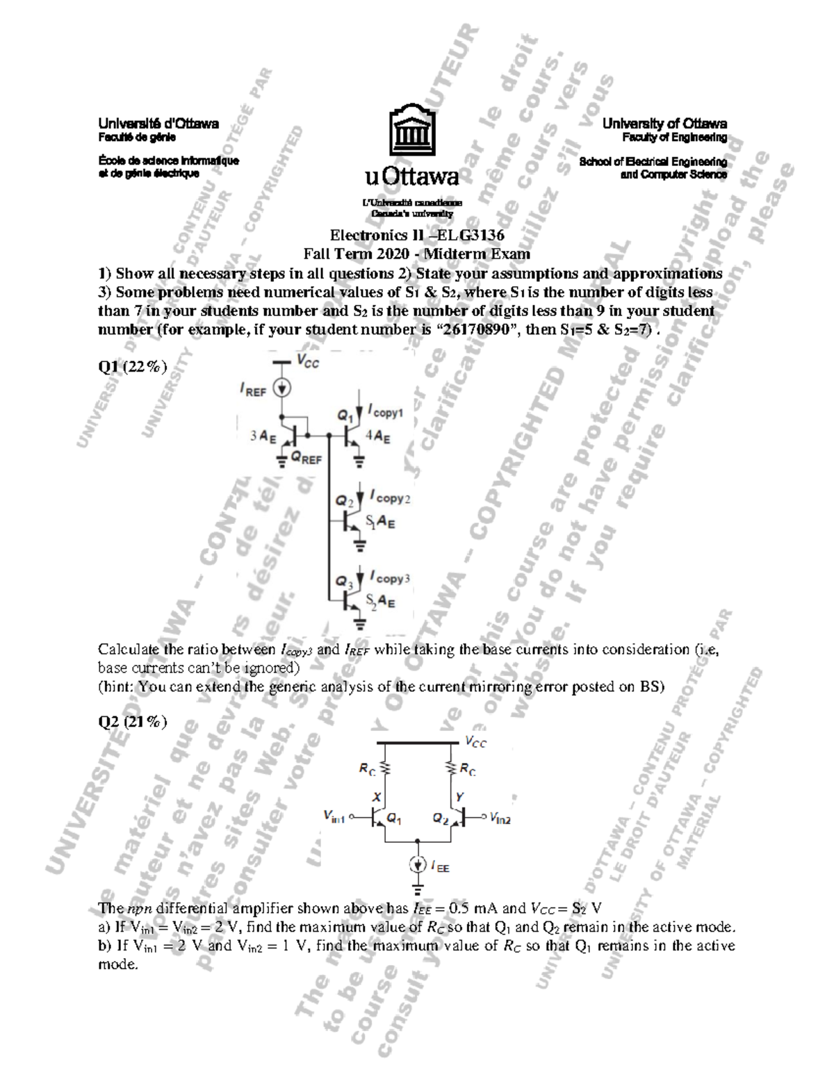 Midterm 2020 elg3136 - exemple mi-session - **Electronics II – ELG Fall Term 2020 - Midterm Exam ...
