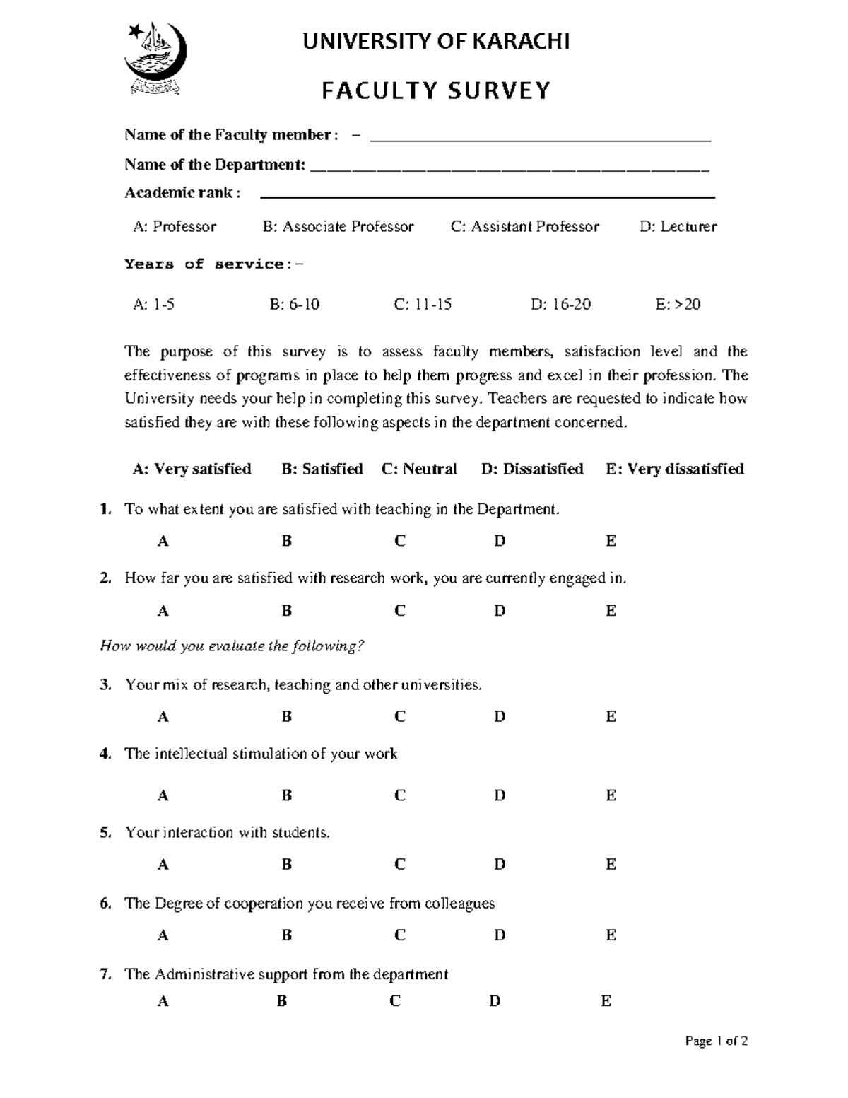 5-Faculty Survey - Page 1 of 2 UNIVERSITY OF KARACHI FACULTY SURVEY ...
