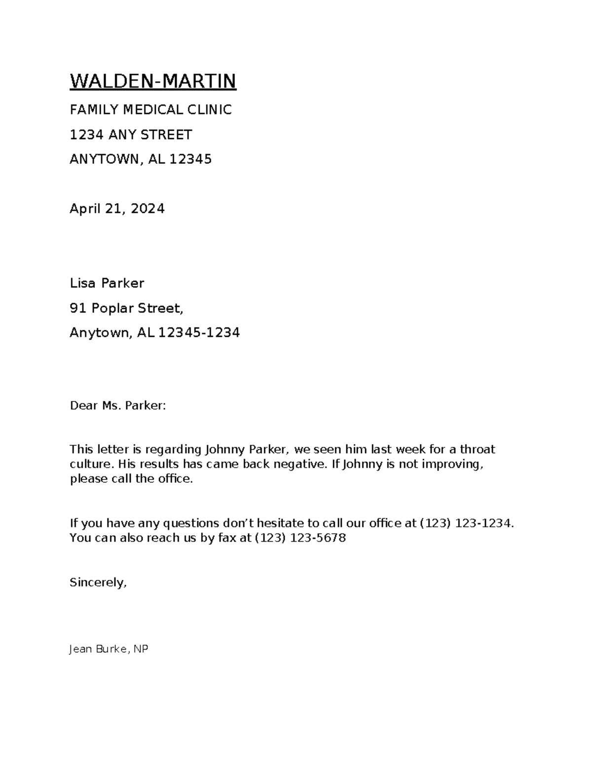Full Block letter - WALDEN-MARTIN FAMILY MEDICAL CLINIC 1234 ANY STREET ...