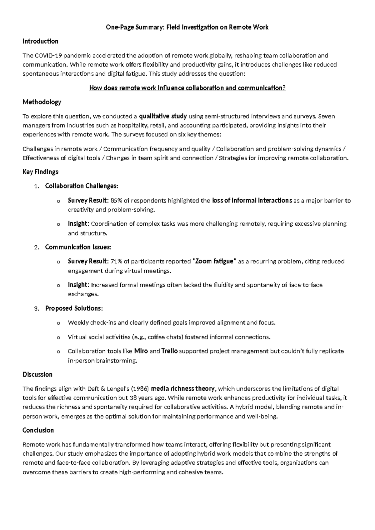 One-Page Summary - Field Investigation on Remote Work - One-Page ...