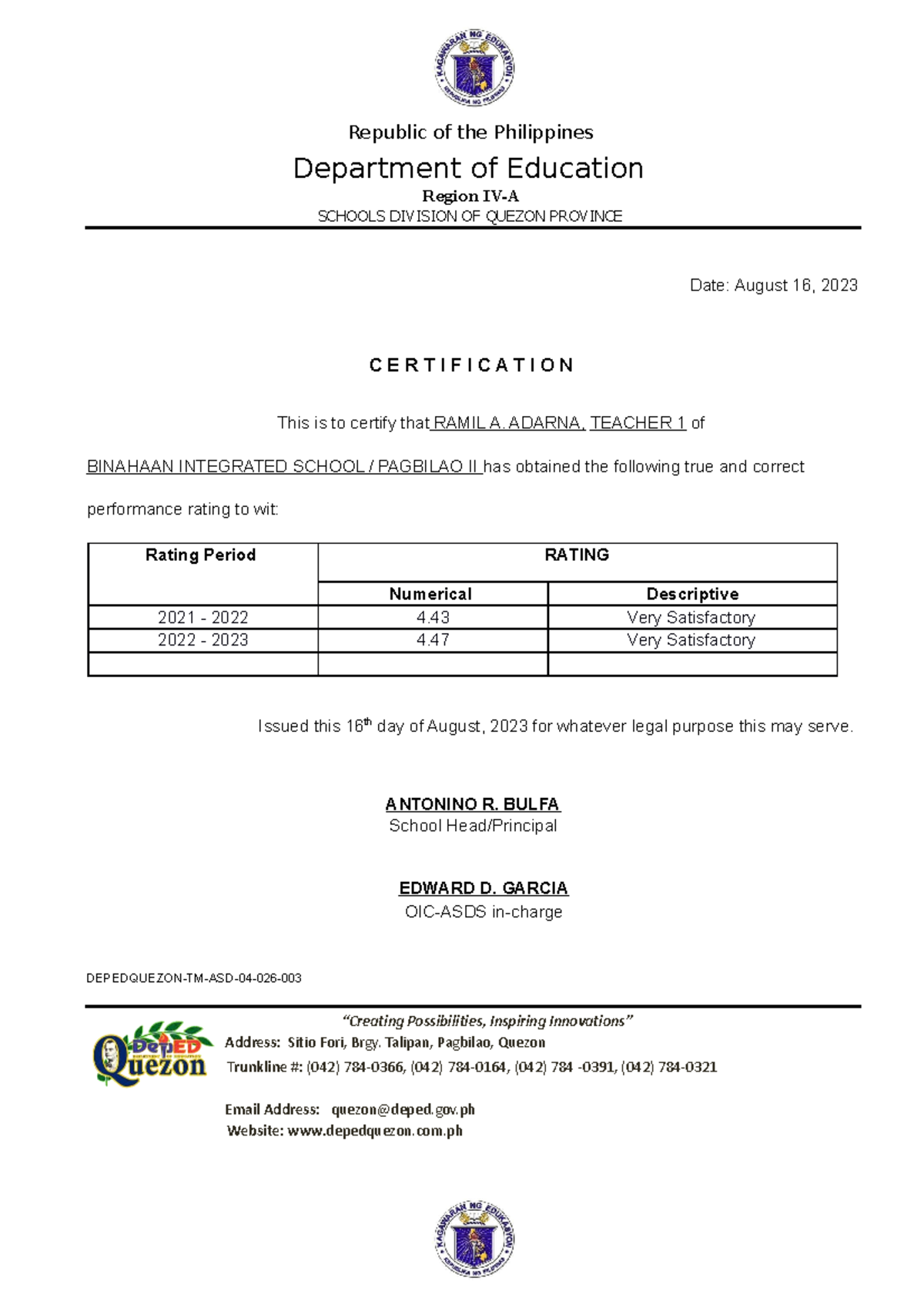 Depedquezon-TM-ASD-04-026-003 - Republic of the Philippines Department ...