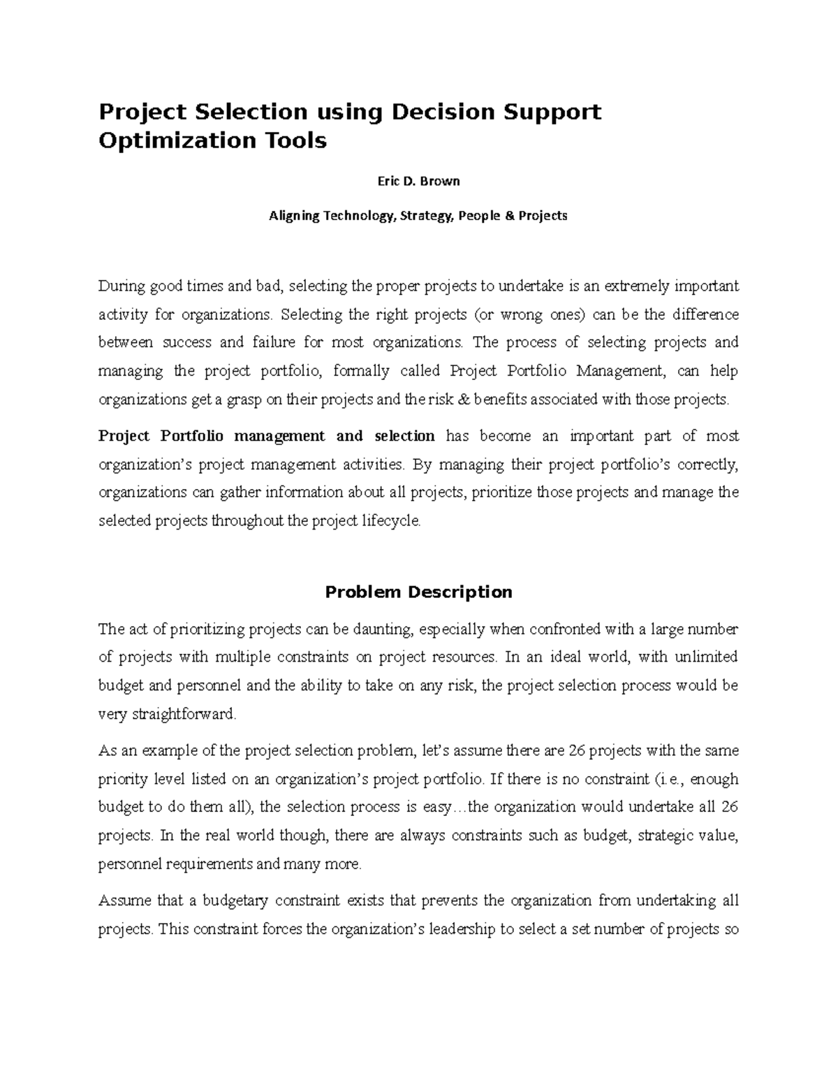 Example Project Selection using Decision Support Optimization Tools ...