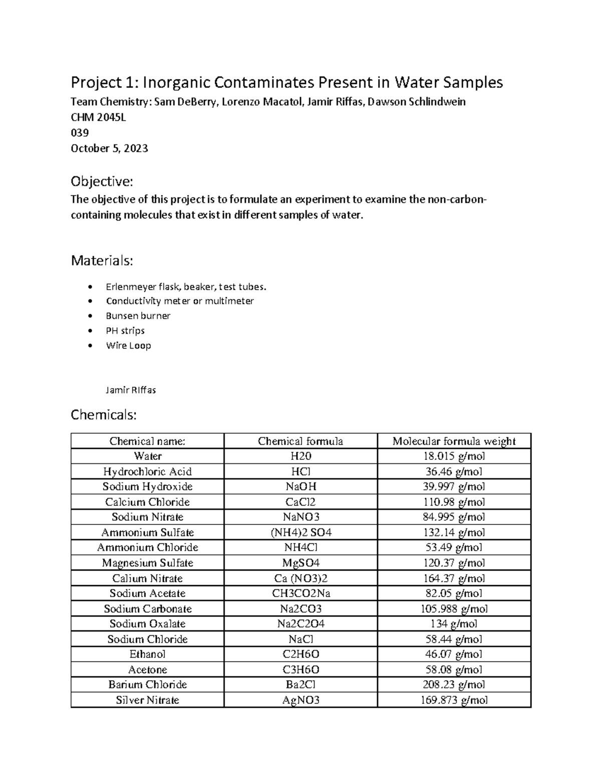 Pre lab Plan - Chemistry lab Plan For project 1 - Project 1: Inorganic ...
