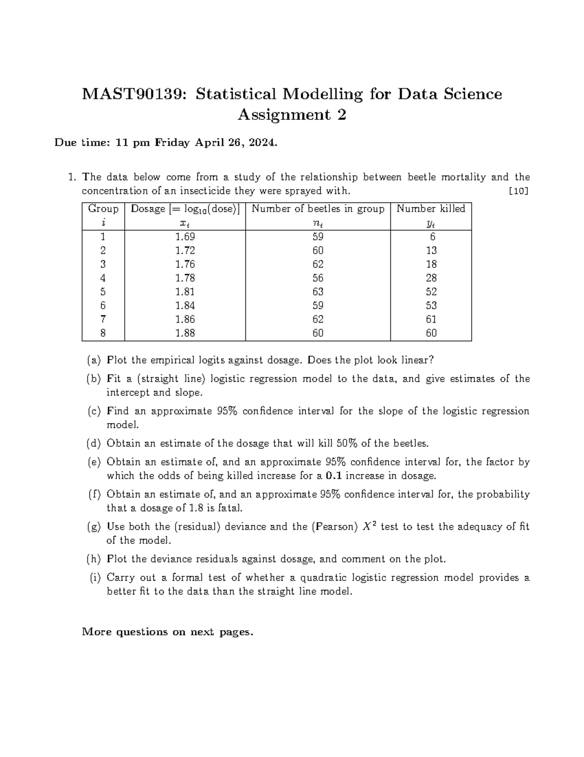 MAST90139-24-Assignment 2 - MAST90139: Statistical Modelling for Data Science Assignment 2 Due ...