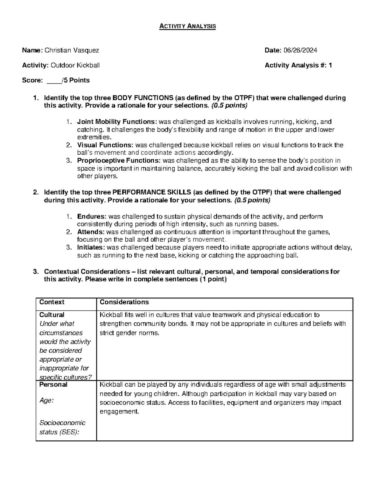 Activity Analysis Form - ACTIVITY ANALYSIS Name: Christian Vasquez Date ...