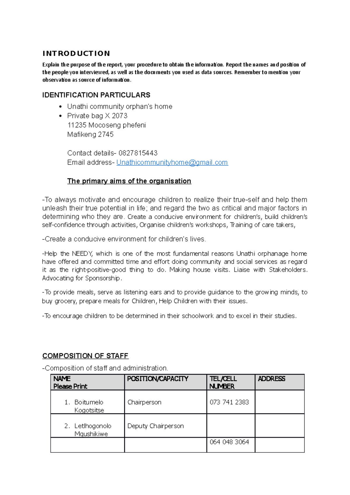 Brief organisational profile - INTRODUCTION Explain the purpose of the ...