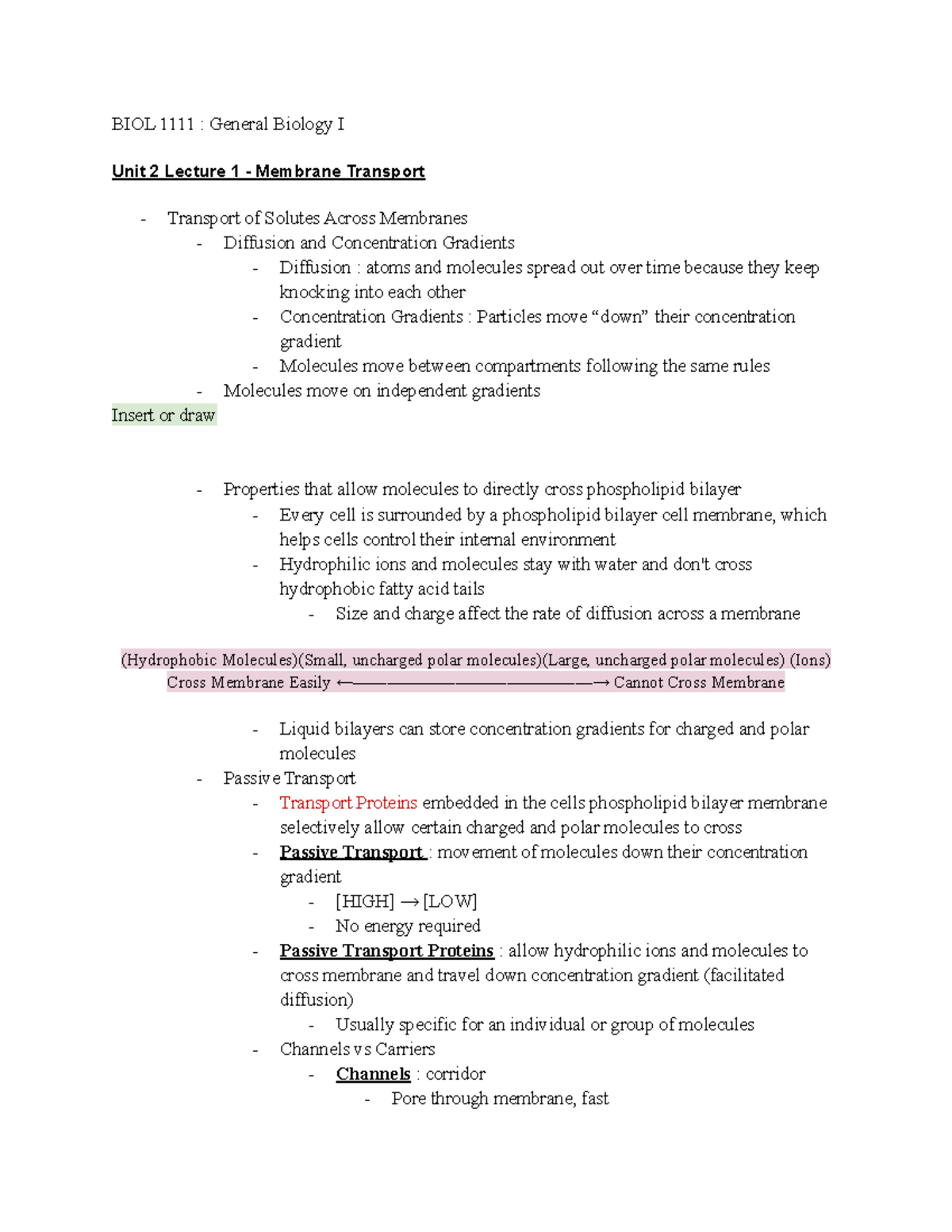 Unit 2 Lecture 1 - Membrane Transport - BIOL 1111 : General Biology I Unit 2 Lecture 1 ...