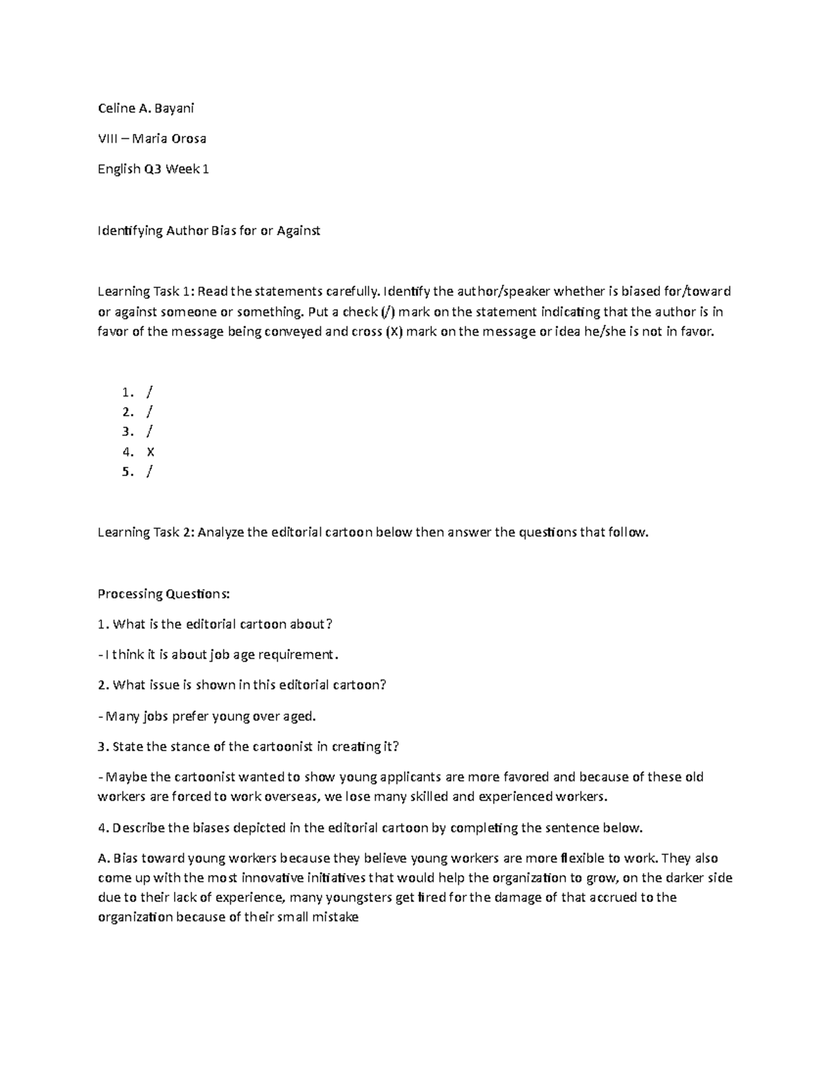 English Q3 Answer Sheets - Celine A. Bayani VIII – Maria Orosa English ...