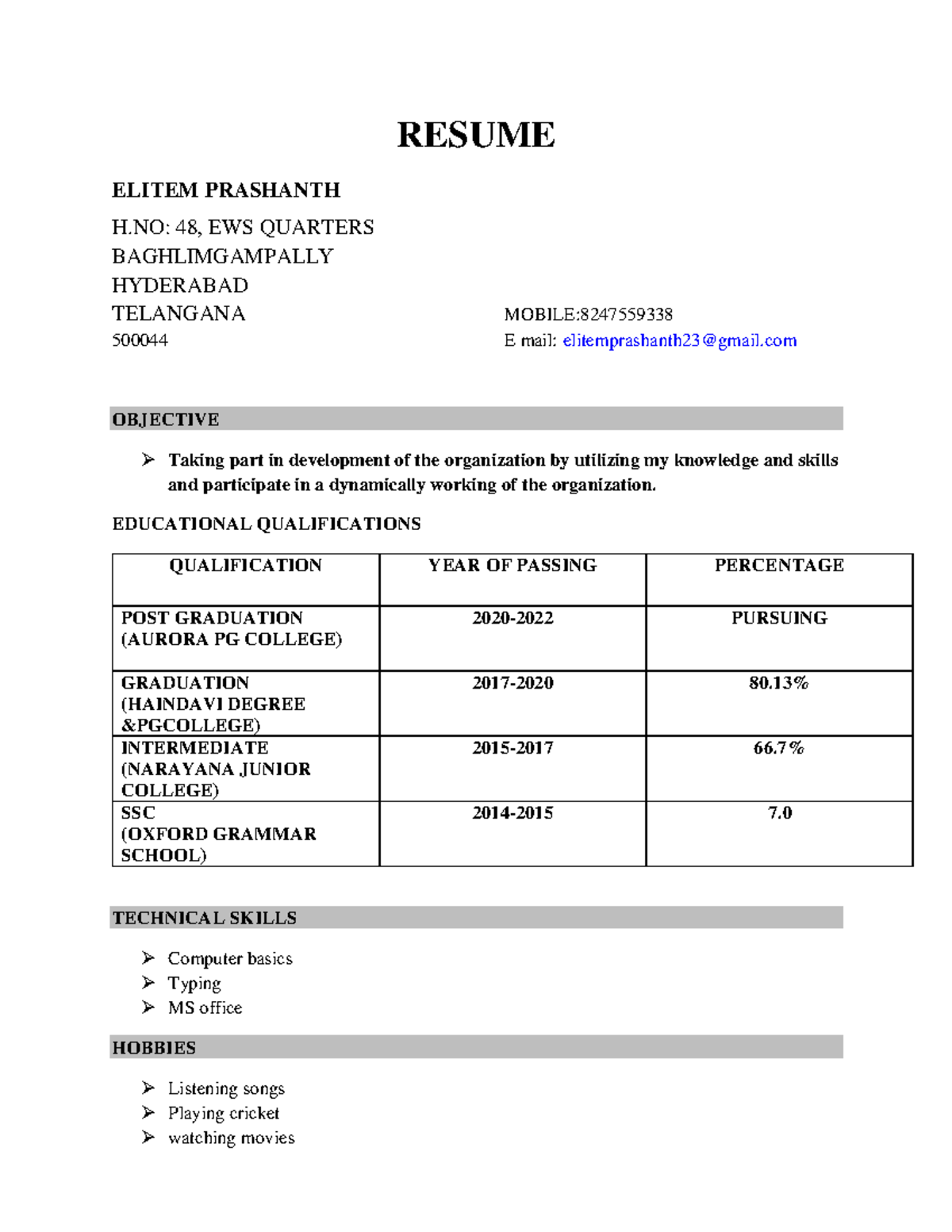 Prashanth Resume - Pratibha - RESUME ELITEM PRASHANTH H: 48, EWS ...