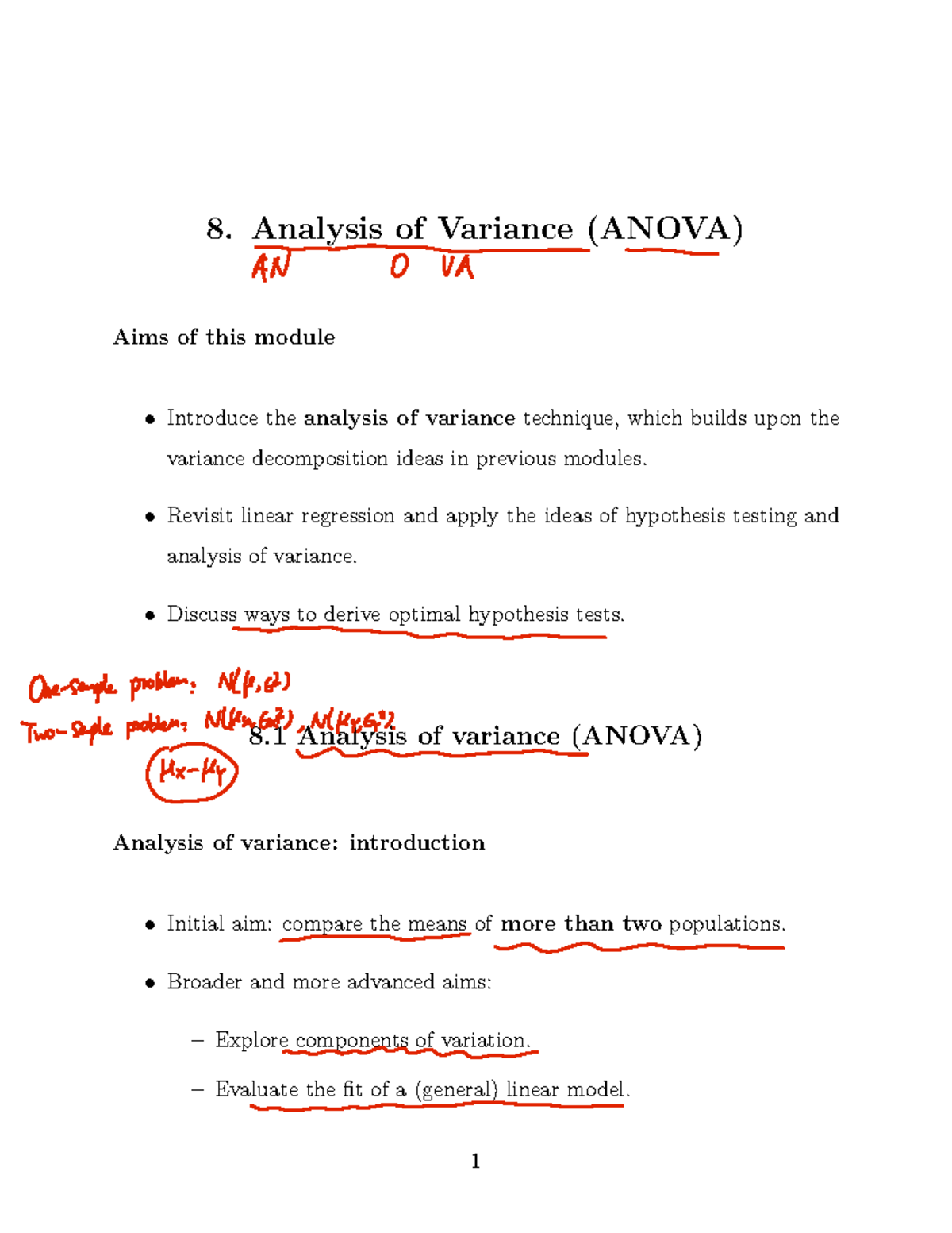 MAST2000 5 annotated notes 08 - 8. Analysis of Variance (ANOVA) Aims of ...