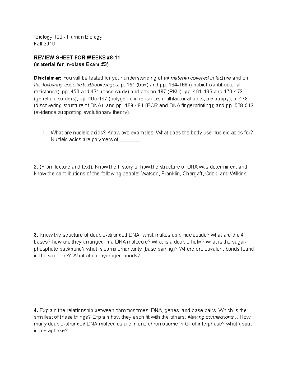 JF Bio 100 study - Biology 100 - Human Biology Fall 2016 REVIEW SHEET ...