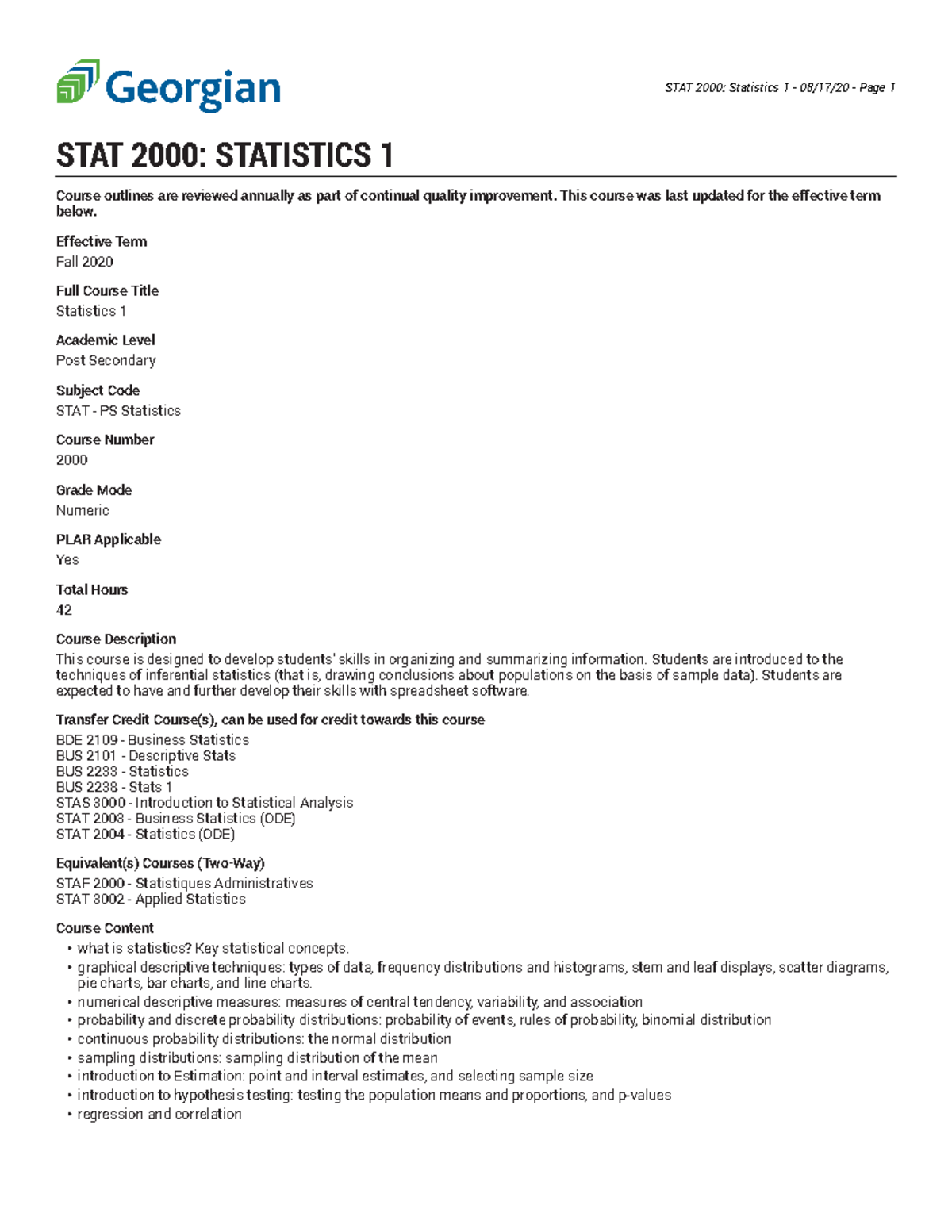 STAT 2000 Statistics 1 Course Outline - STAT 2000: Statistics 1 - 08/17 ...