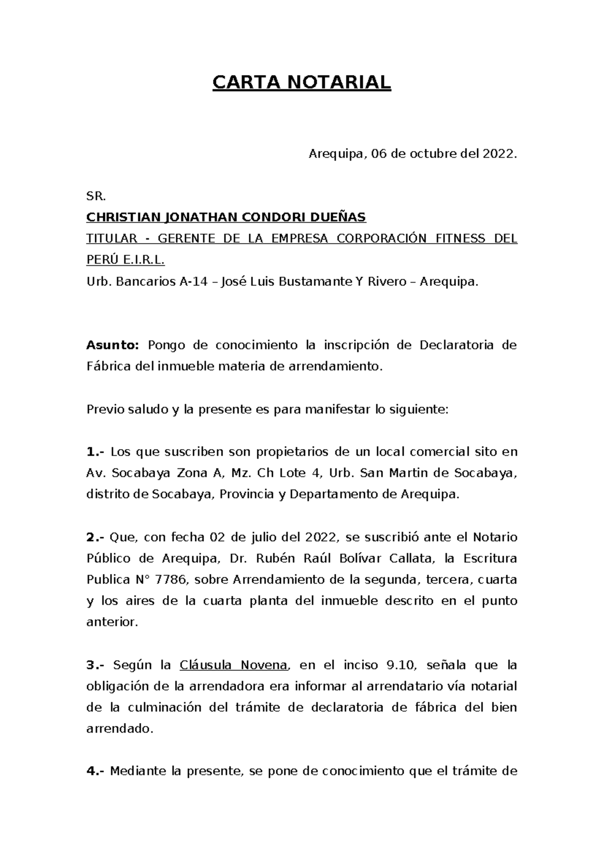 Carta II - SSDS - CARTA NOTARIAL Arequipa, 06 de octubre del 2022. SR ...