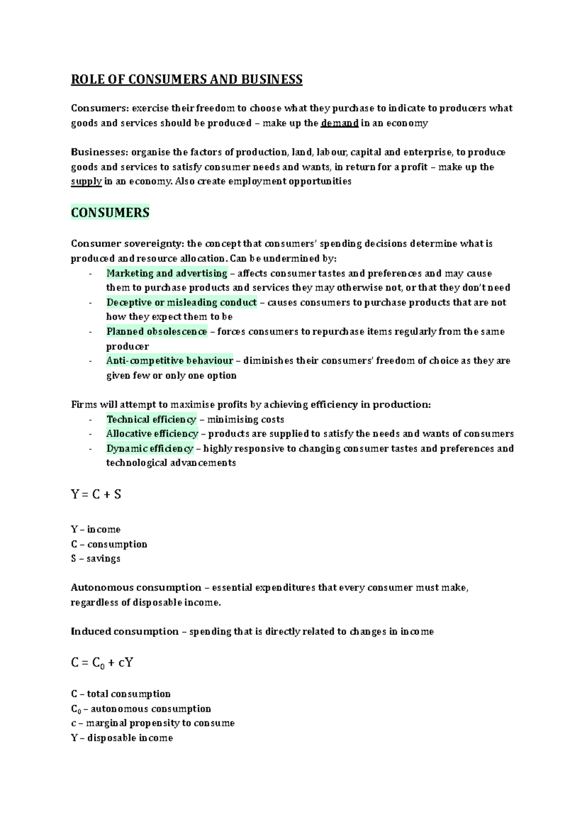 Economics Topic 2 Notes Y11 (Consumers and Business) - ROLE OF ...