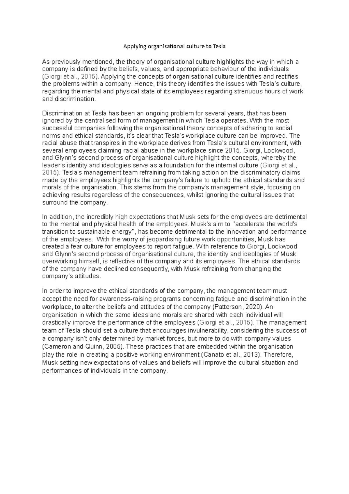 Applying organizational culture to Tesla - , 2015). Applying the ...