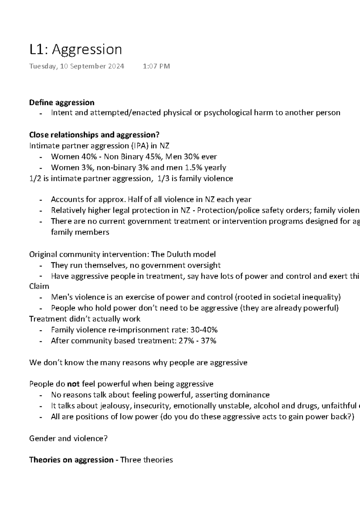L1 Aggression - lecture notes - Define aggression Intent and attempted ...