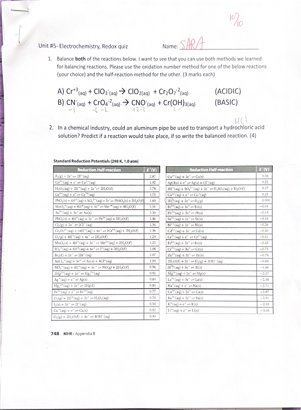 Test #6 Redox Reactions - (with Ans) - Unit Electrochemistry, Redox ...