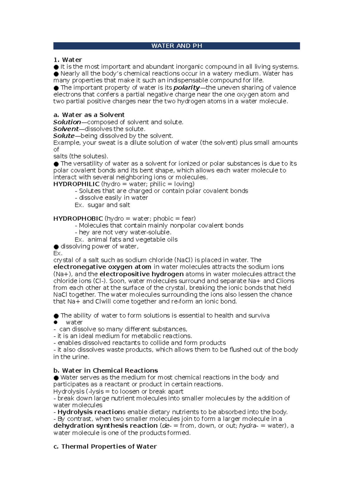 Water AND PH - WATER AND PH Water It is the most important and abundant ...