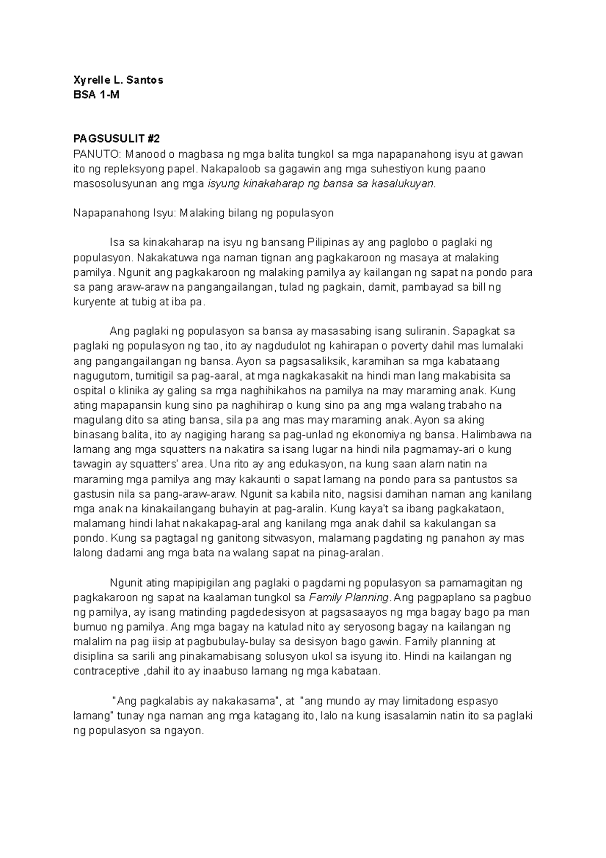 Pagsusulit #2 - Xyrelle L. Santos BSA 1-M PAGSUSULIT PANUTO: Manood o magbasa ng mga balita ...