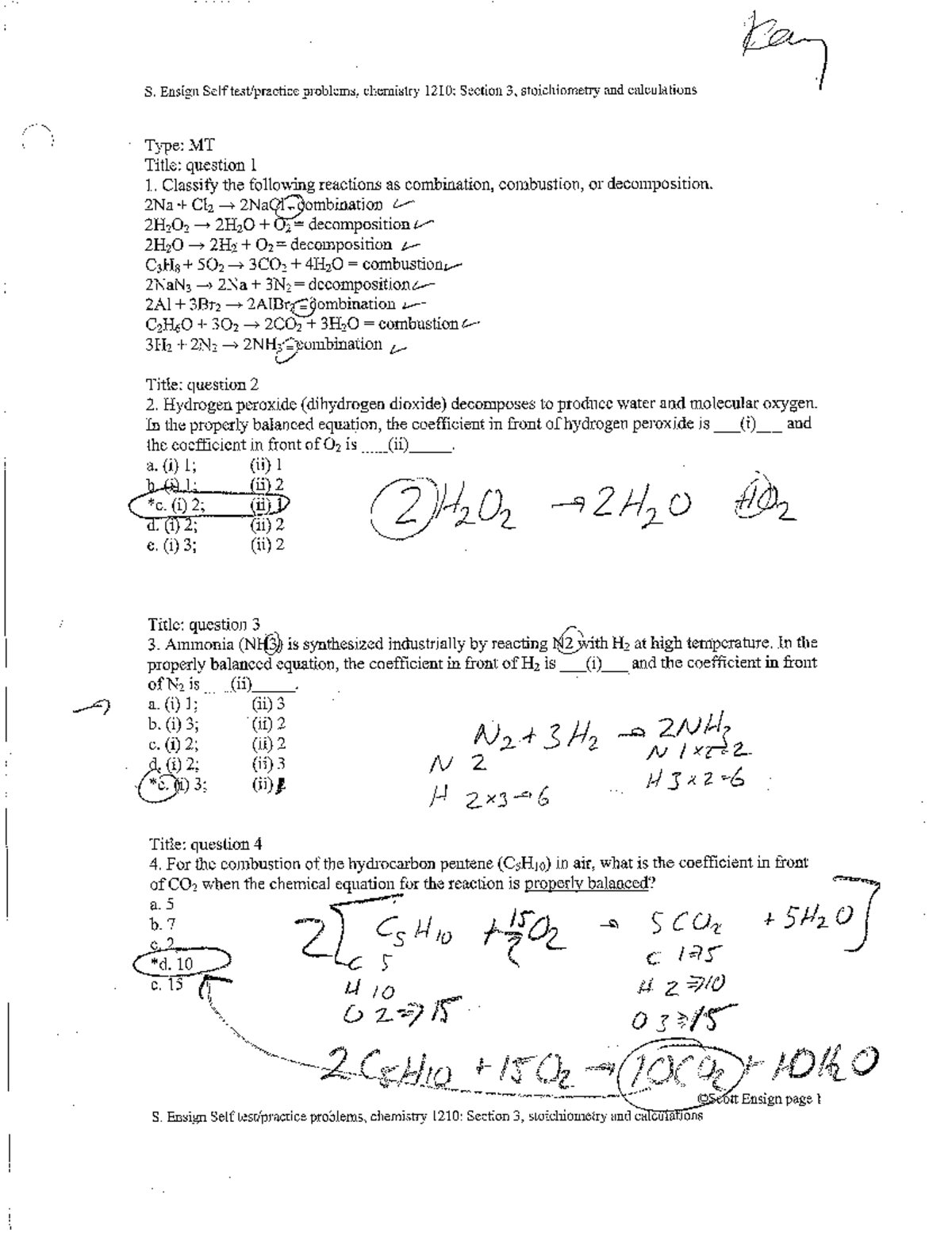 chemical calculations self test with answers - Ray S. Ensign Self ...