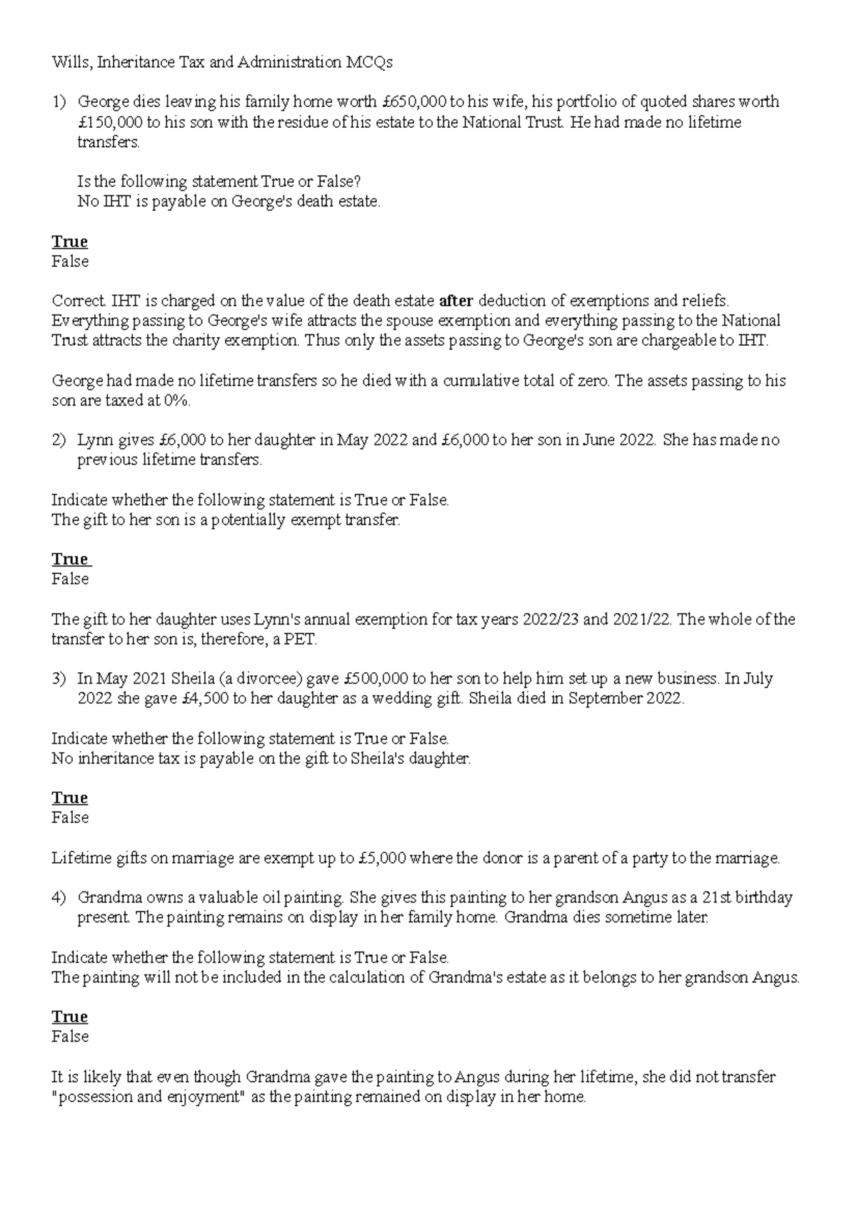 Wills MCQs - Multiple Choice Questions - Wills, Inheritance Tax and ...