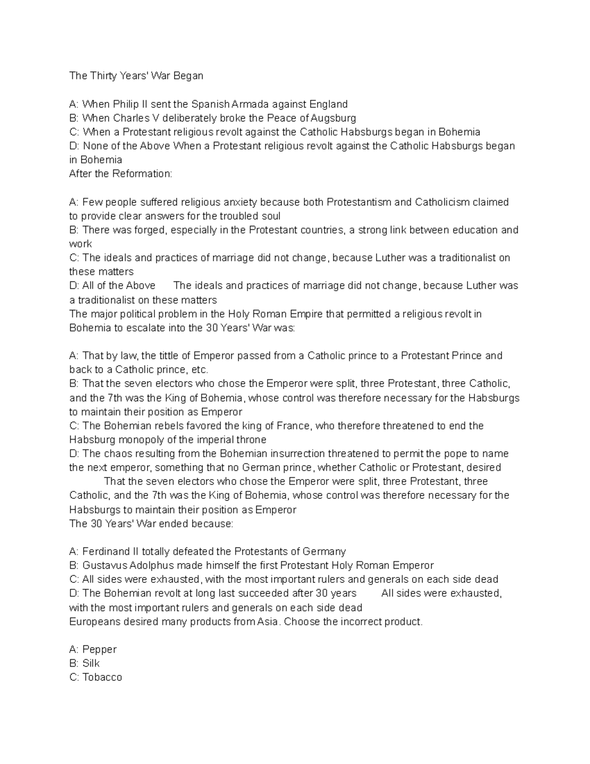 History 150- Zhuk - test 3 answers - The Thirty Years' War Began A ...