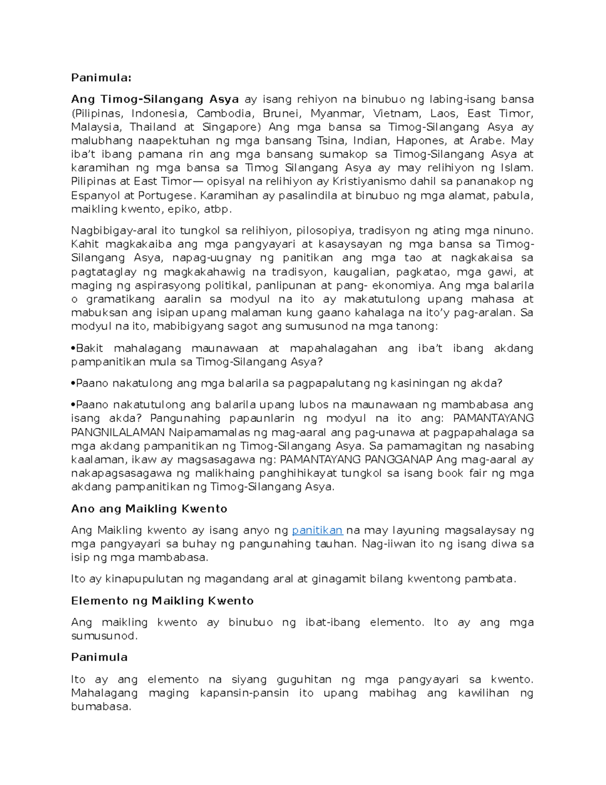 Filipino 9 Topics - Panimula: Ang Timog-Silangang Asya ay isang rehiyon ...