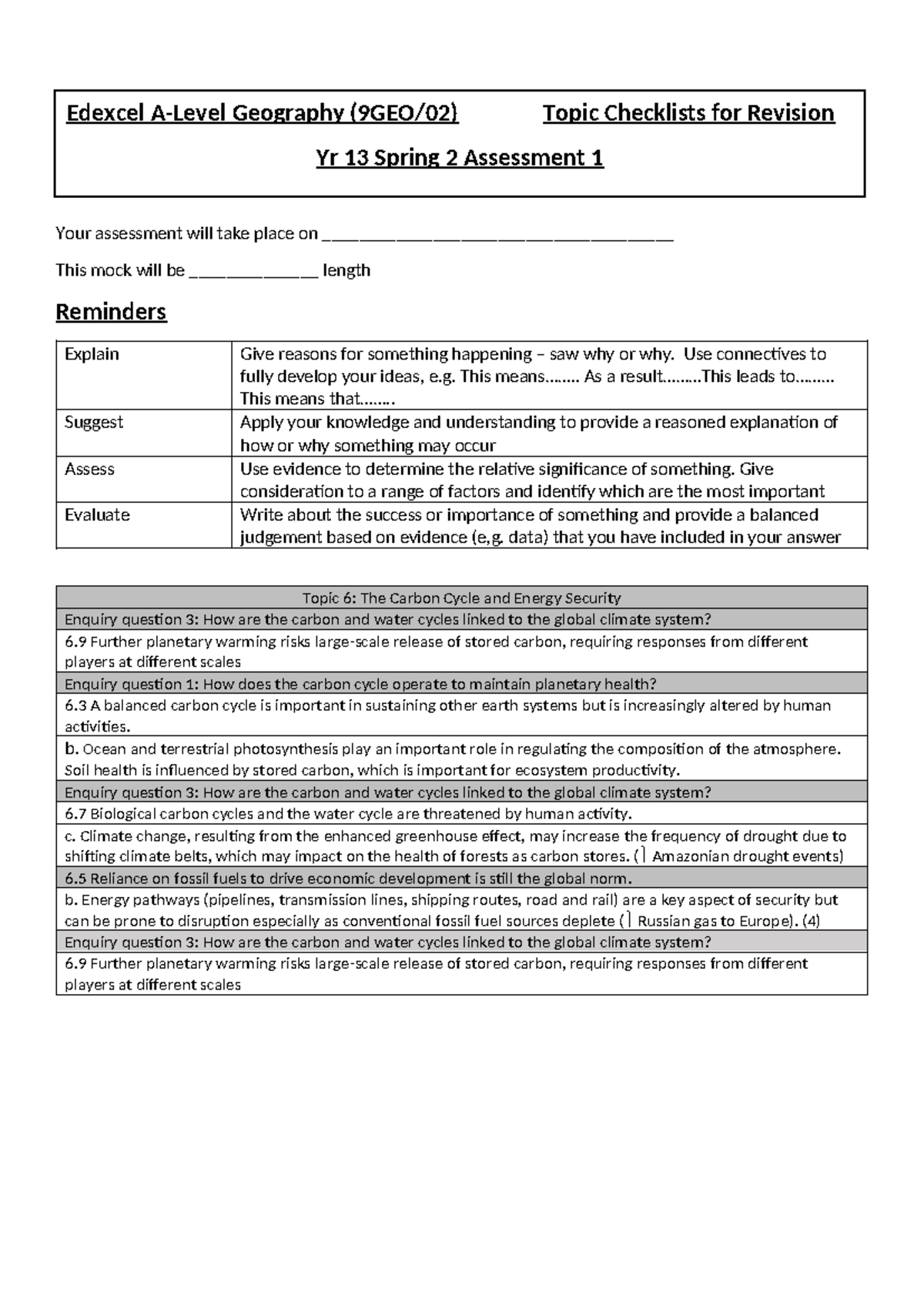 Yr 13 Spring 2 Ass 1 Carbon Checklist - Your assessment will take place ...
