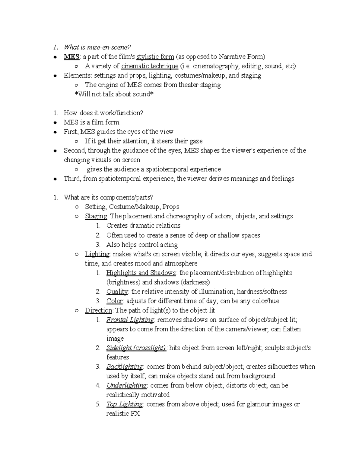 Mise-en-Scene Notes - 1. What is mise-en-scene? MES : a part of the ...
