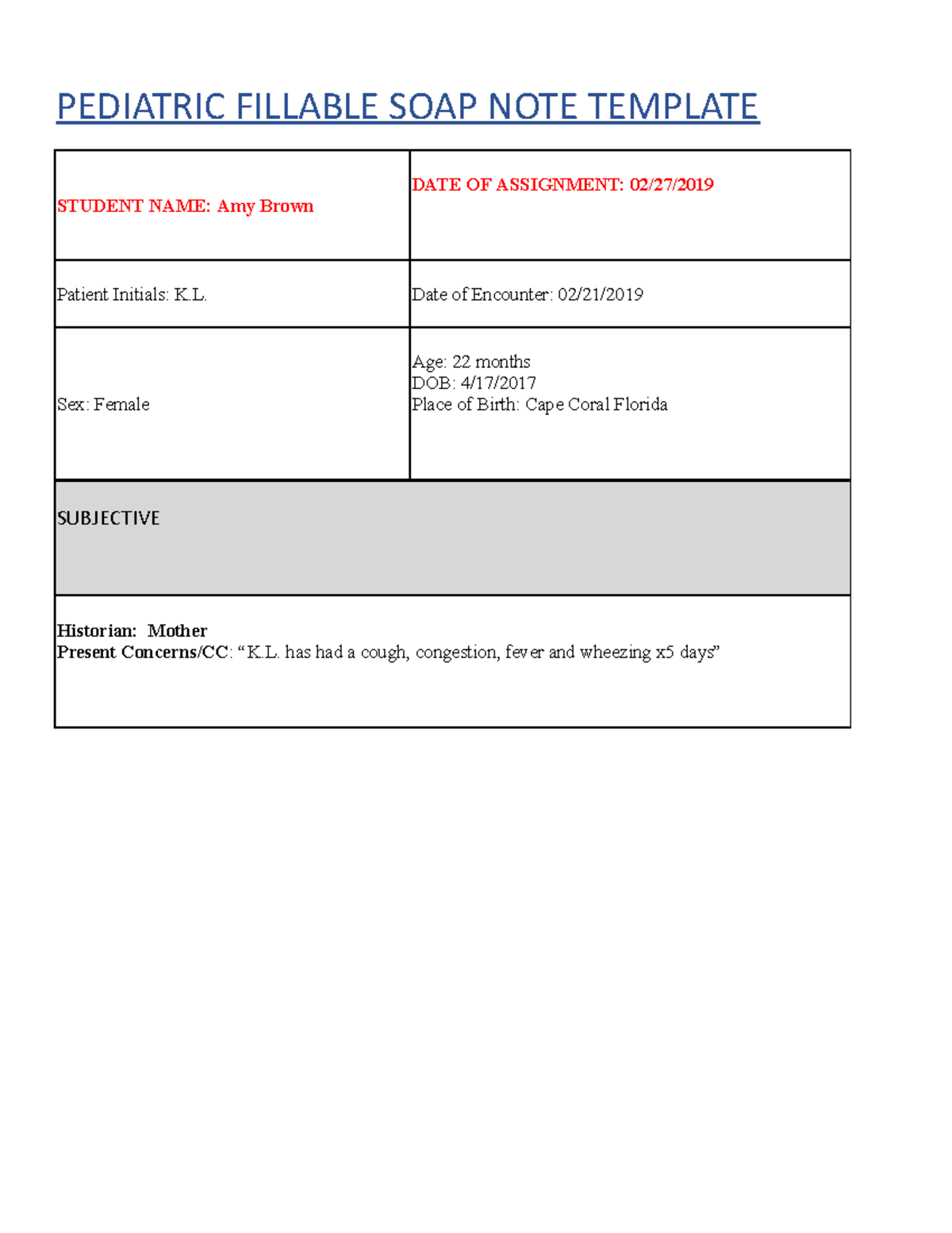 Soap note week 1 - Soap note week 1 - PEDIATRIC FILLABLE SOAP NOTE ...