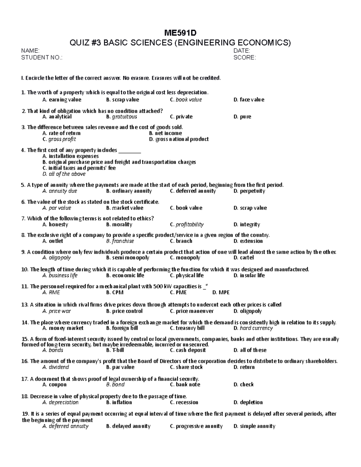 Elements-with-answers - ME591D QUIZ #3 BASIC SCIENCES (ENGINEERING ...