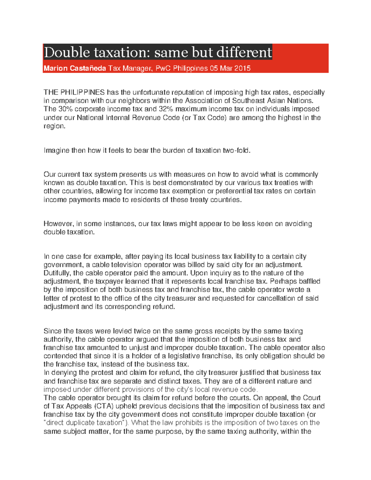 Week 01 - Double taxation article - Warning: TT: undefined function: 32 Double taxation: same ...