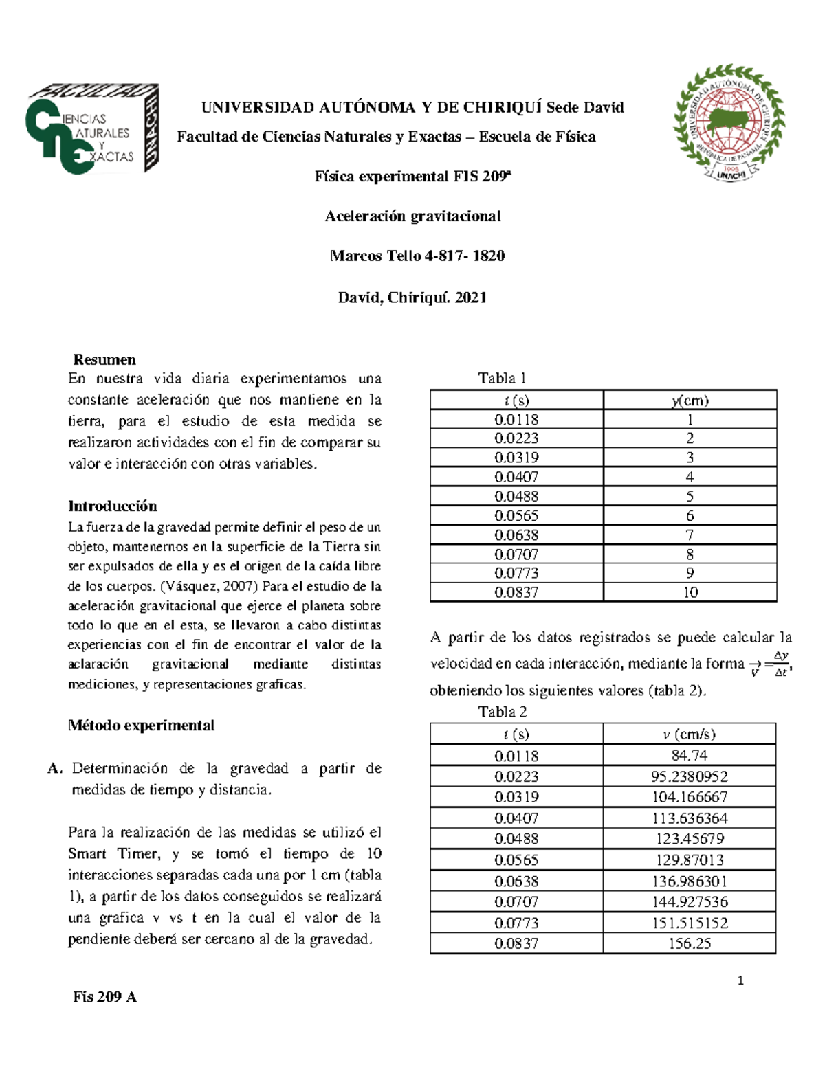 Informe de laboratorio, Aceleración gravitacional. Marcos Tello 4-817 ...